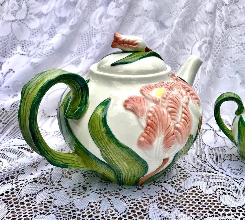 Pink Tulips Teapot Set by Fitz & Floyd, Hand-painted Tulips and Green ...