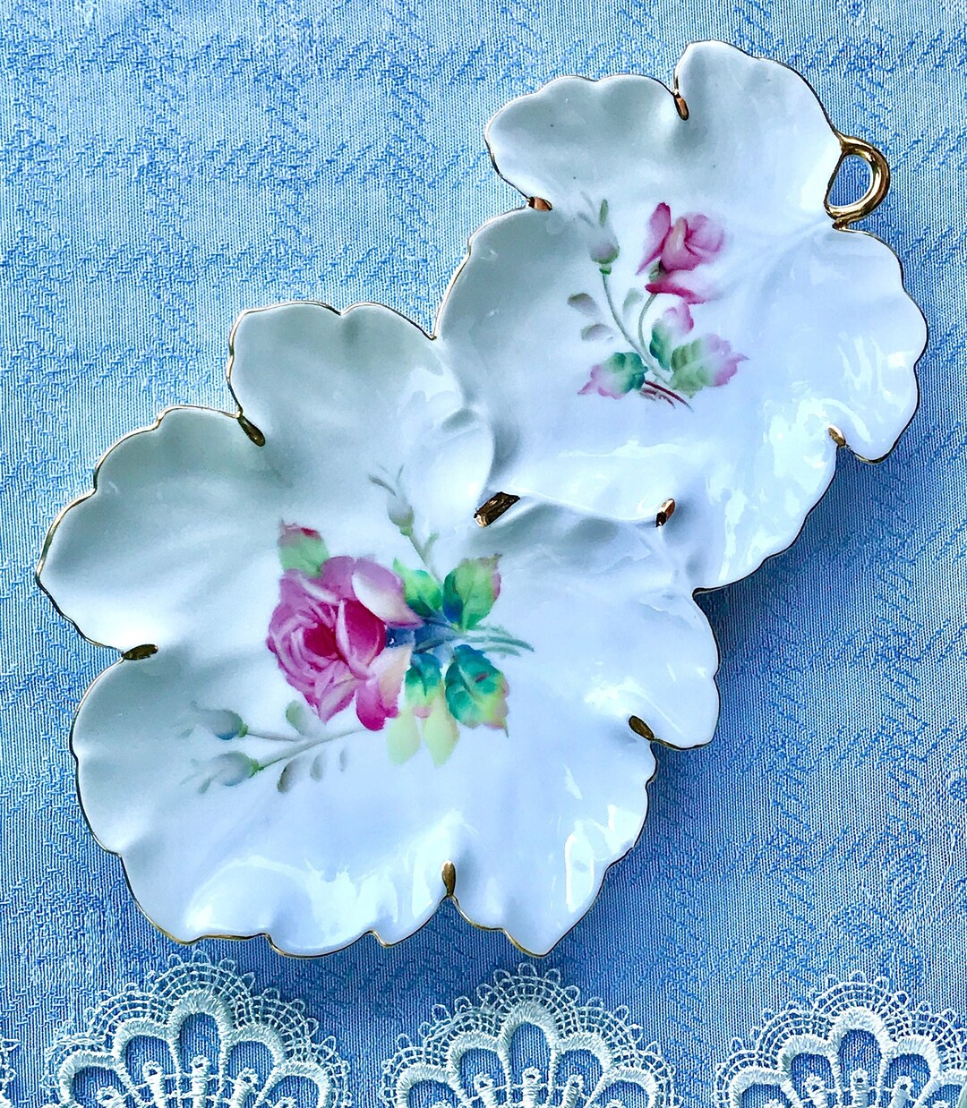 Pink Roses Dish, Unique Double Leaf Shape, Gold Handle & Trim, Tea ...