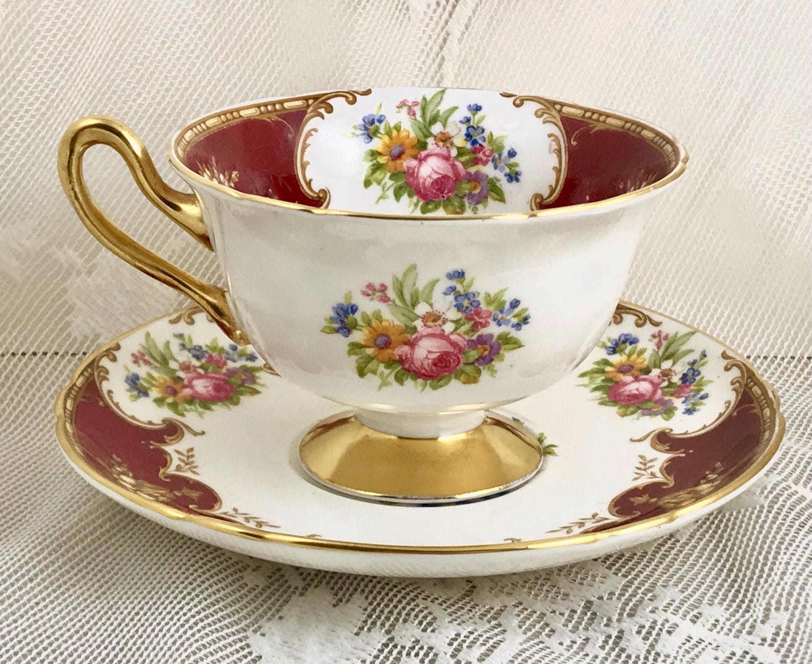 Shelley Duchess Tea Cup: Maroon Borders, Colorful Floral Bouquets, Gold ...