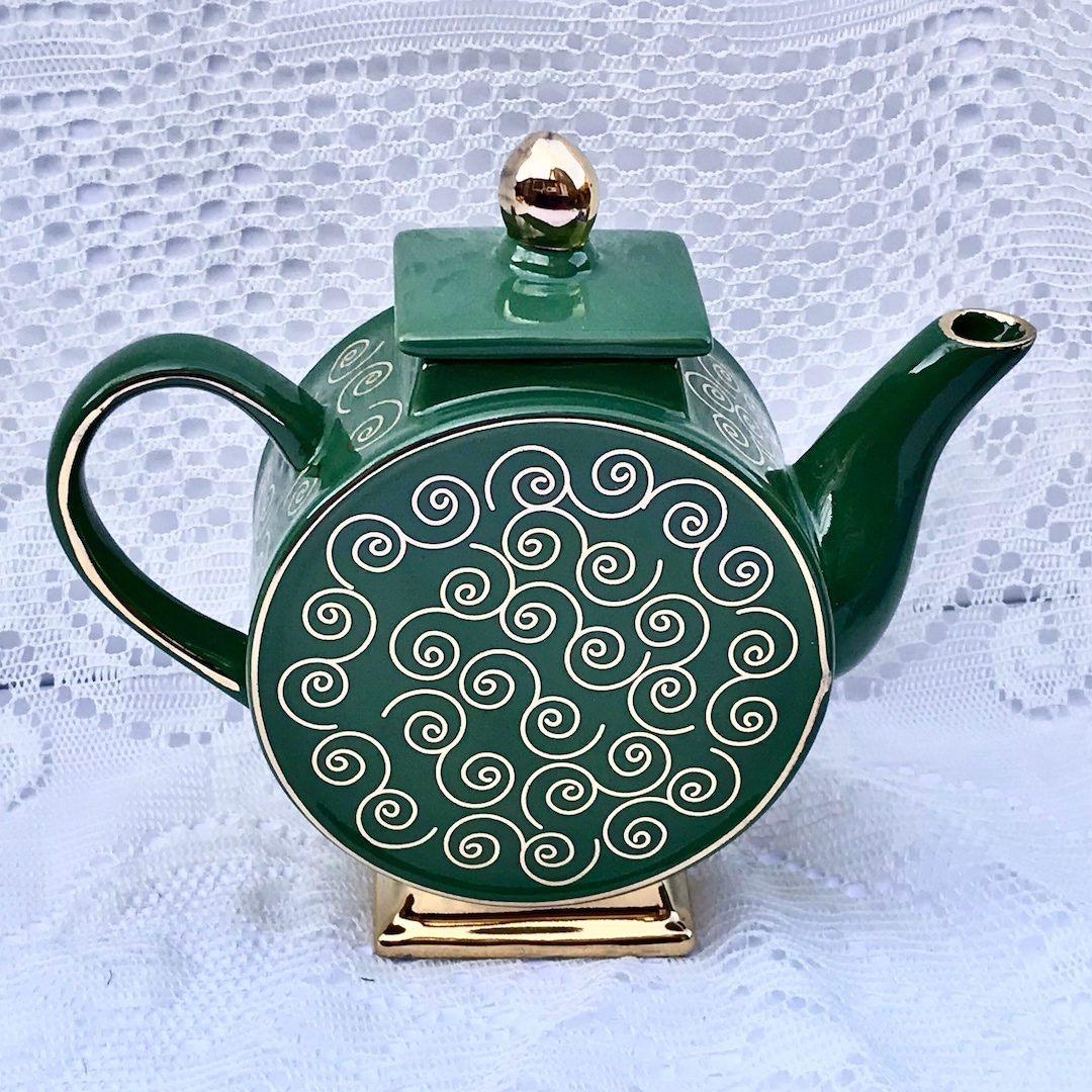 Decorative Teapot Vase: Rich Green With Gold Scroll Designs, St ...