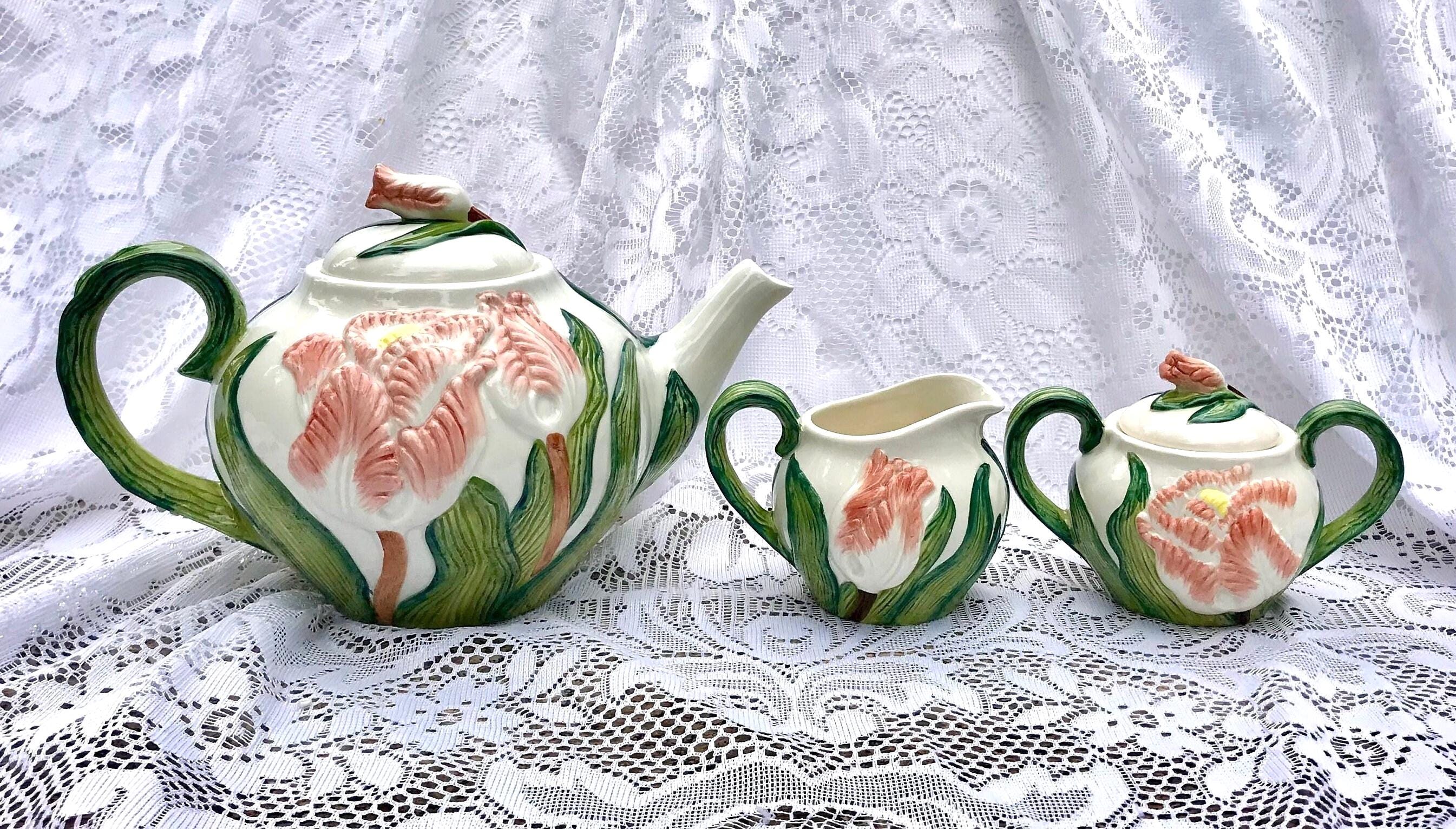 Pink Tulips Teapot Set by Fitz & Floyd, Hand-painted Tulips and Green ...