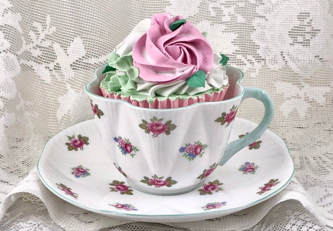 Shelley Rosebud Tea Cup, Pink & Blue Floral Bouquets, Hand-painted ...
