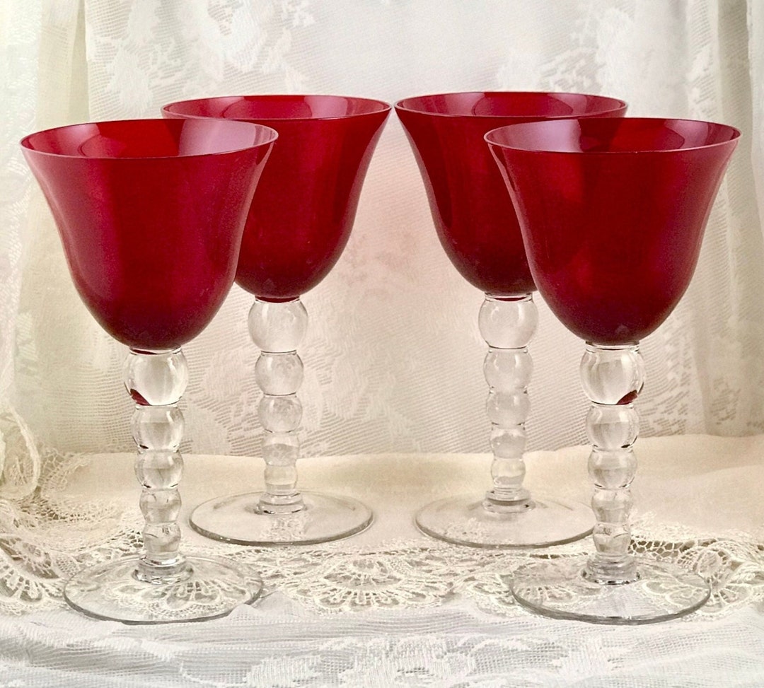 Ruby Red Crystal Goblets With 5 Ball Clear Crystal Stems 4 Mouth Blown Crystal Water Glasses
