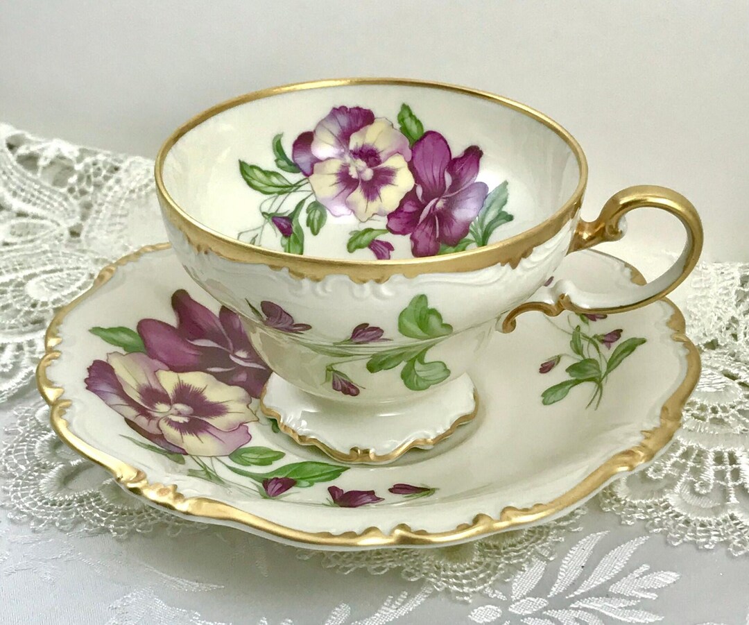 Pansy Tea Cup Set, Purple & Yellow Pansies and Lush Foliage, Embossed ...