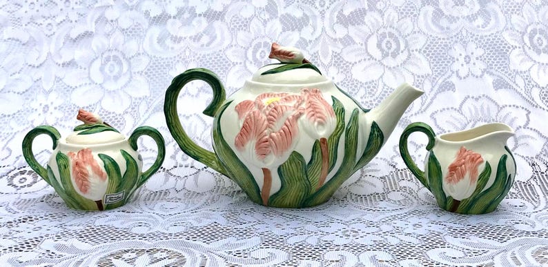 Pink Tulips Teapot Set by Fitz & Floyd, Hand-painted Tulips and Green ...