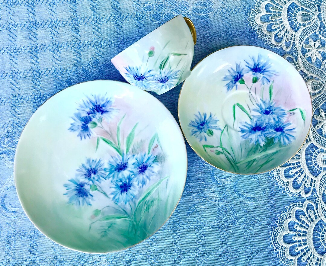 Antique Tea Cup Set, Hand Painted Blue Flowers, Artists' Signatures ...
