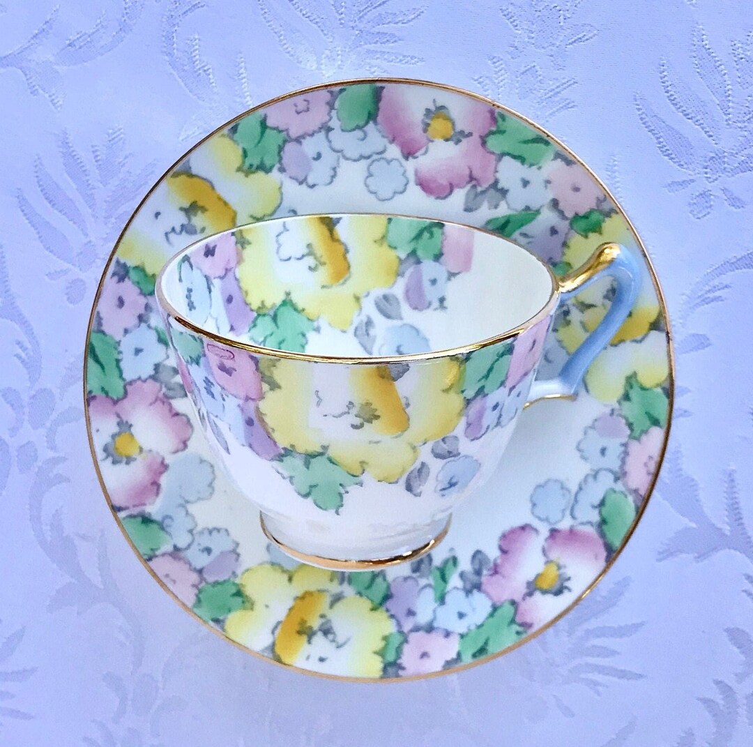 Floral Tea Cup, Colorful Flowers, Periwinkle Handle, English Bone China ...