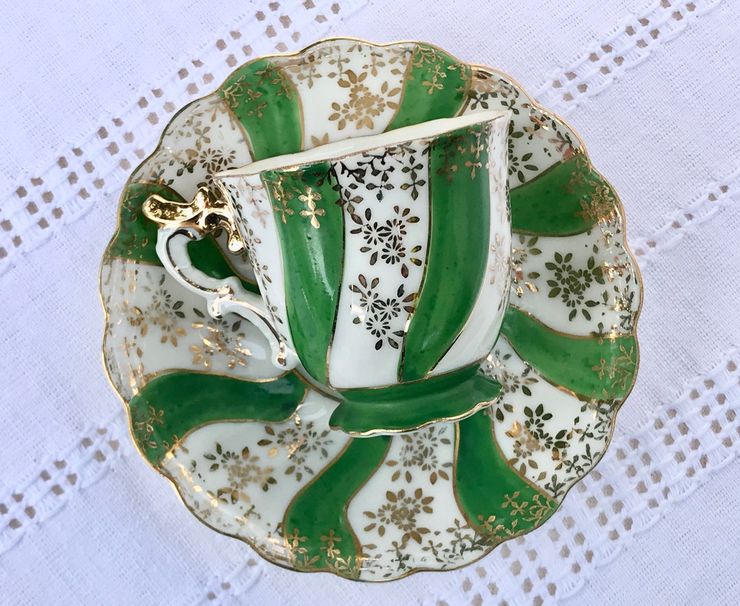 Child Tea Cup Set, Green Hand Painted Swirls, Gold Flowers, Espresso ...