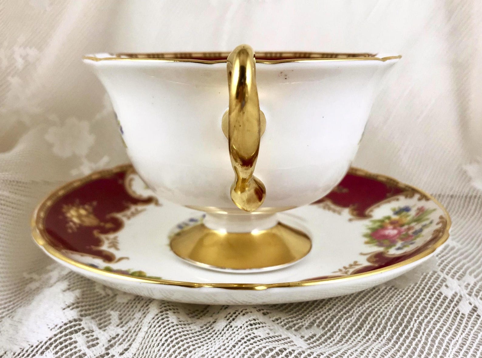 Shelley Duchess Tea Cup: Maroon Borders, Colorful Floral Bouquets, Gold ...