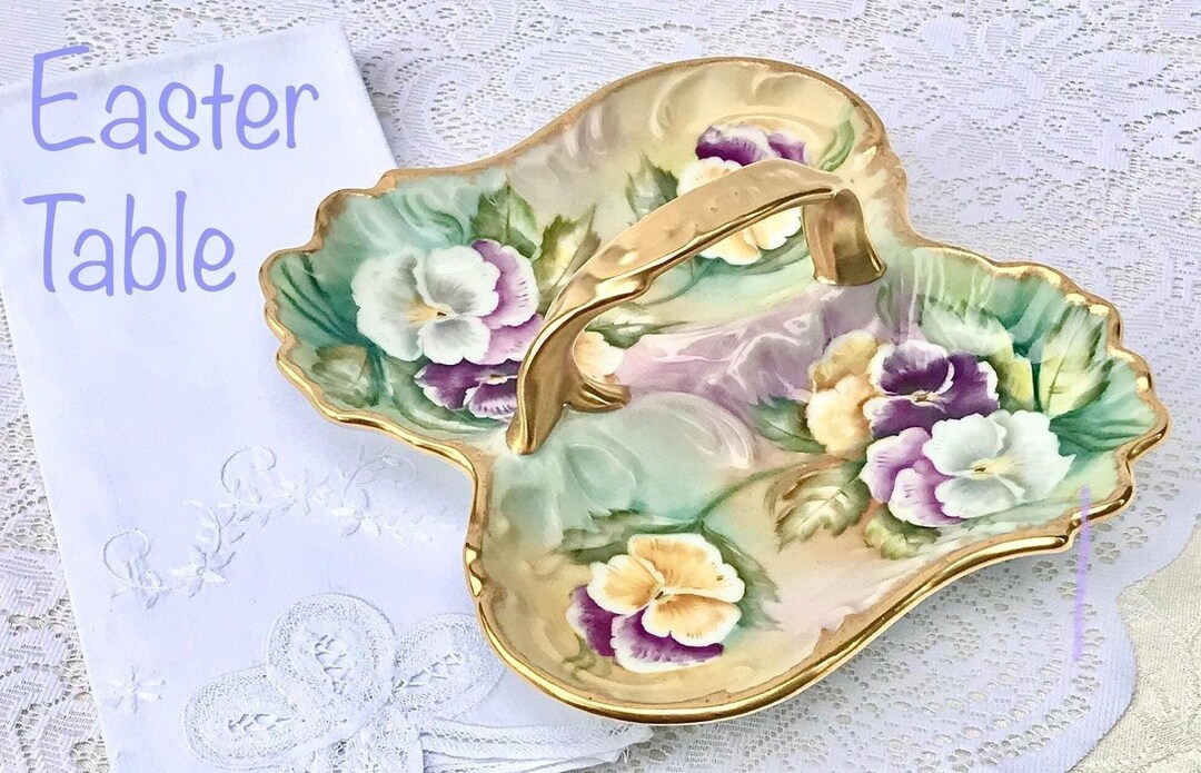 Easter Serving Tray, Hand-painted Floral Plate, Decorative Gold Handle ...