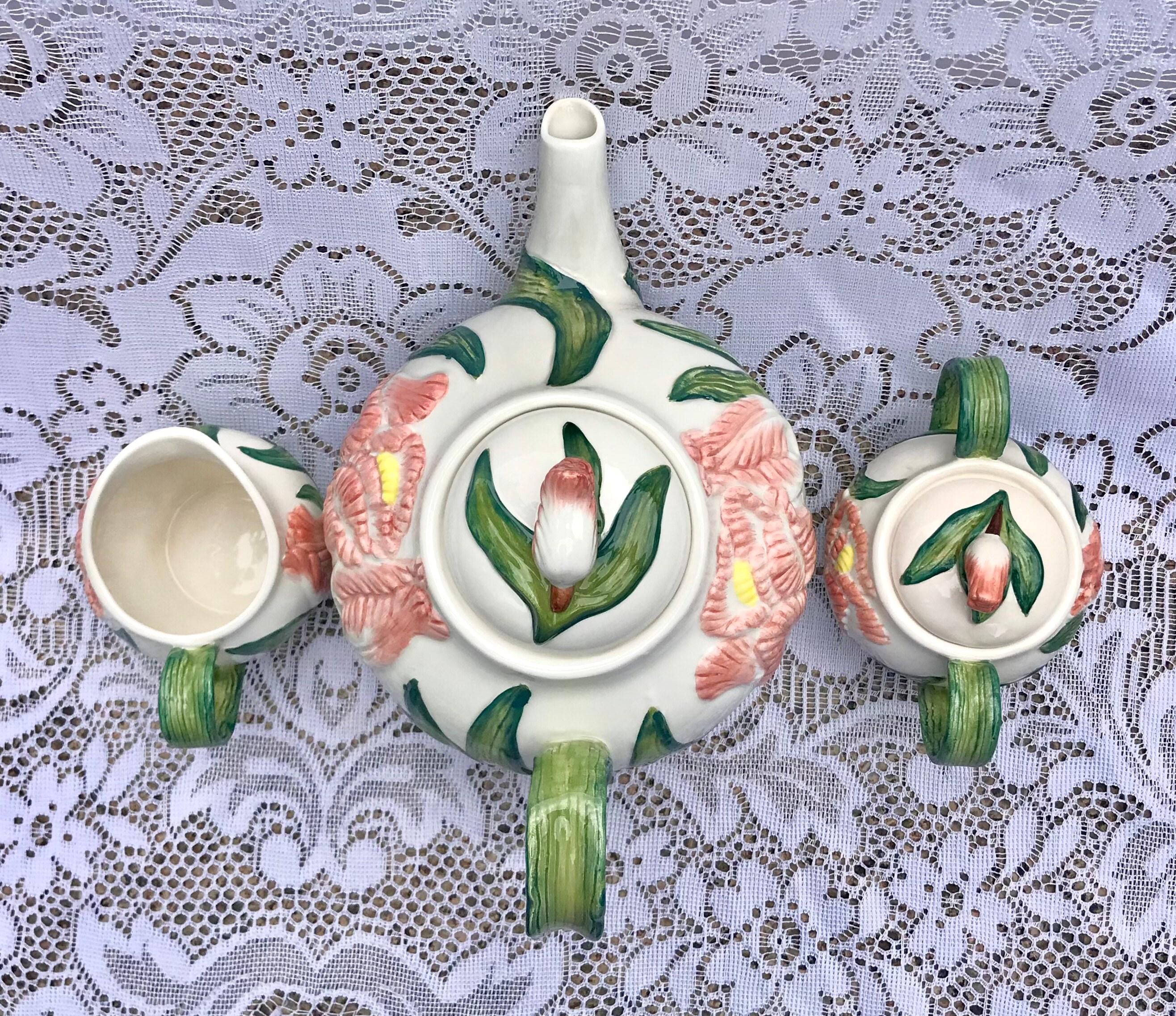 Pink Tulips Teapot Set by Fitz & Floyd, Hand-painted Tulips and Green ...