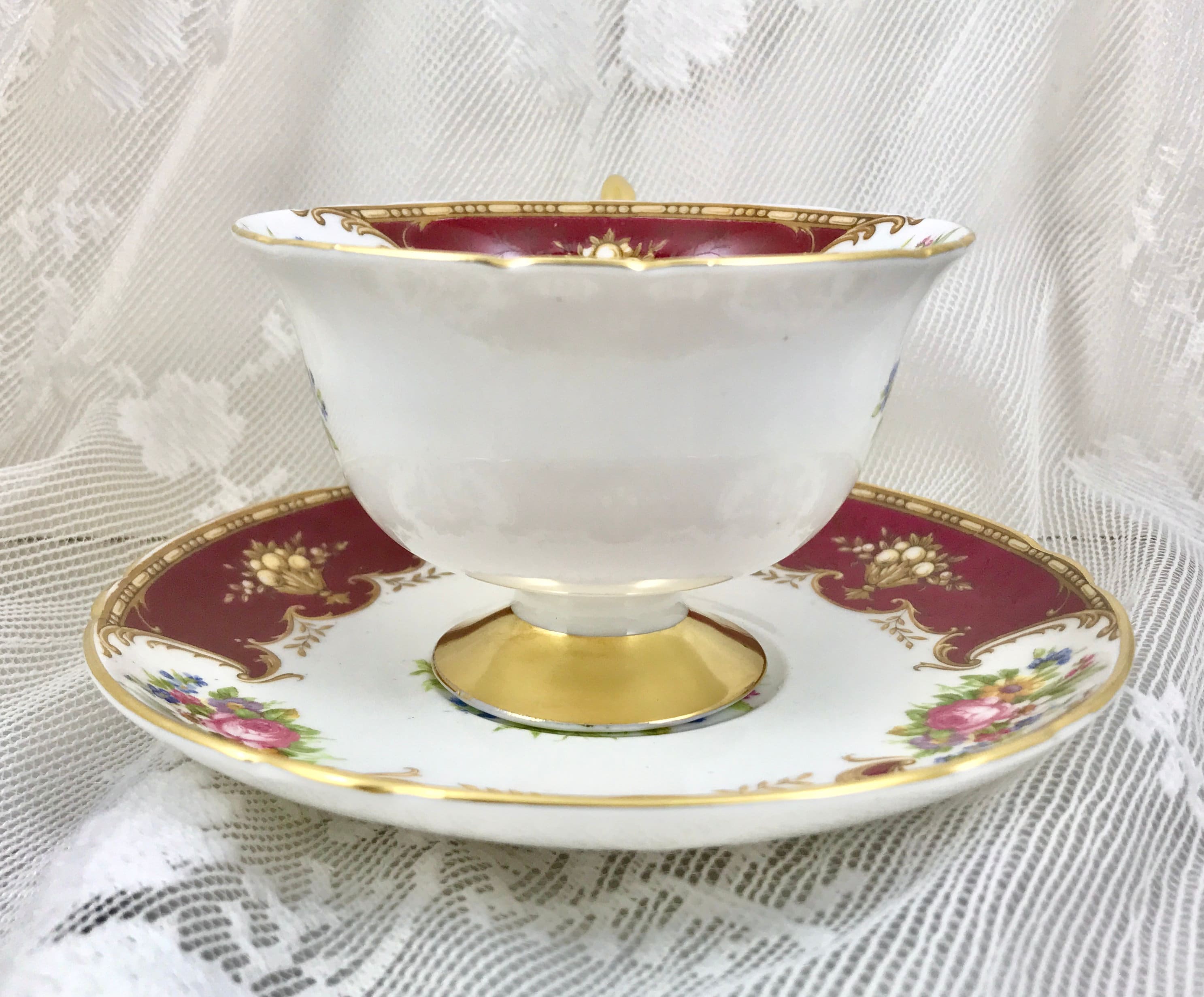 Shelley Duchess Tea Cup: Maroon Borders, Colorful Floral Bouquets, Gold ...