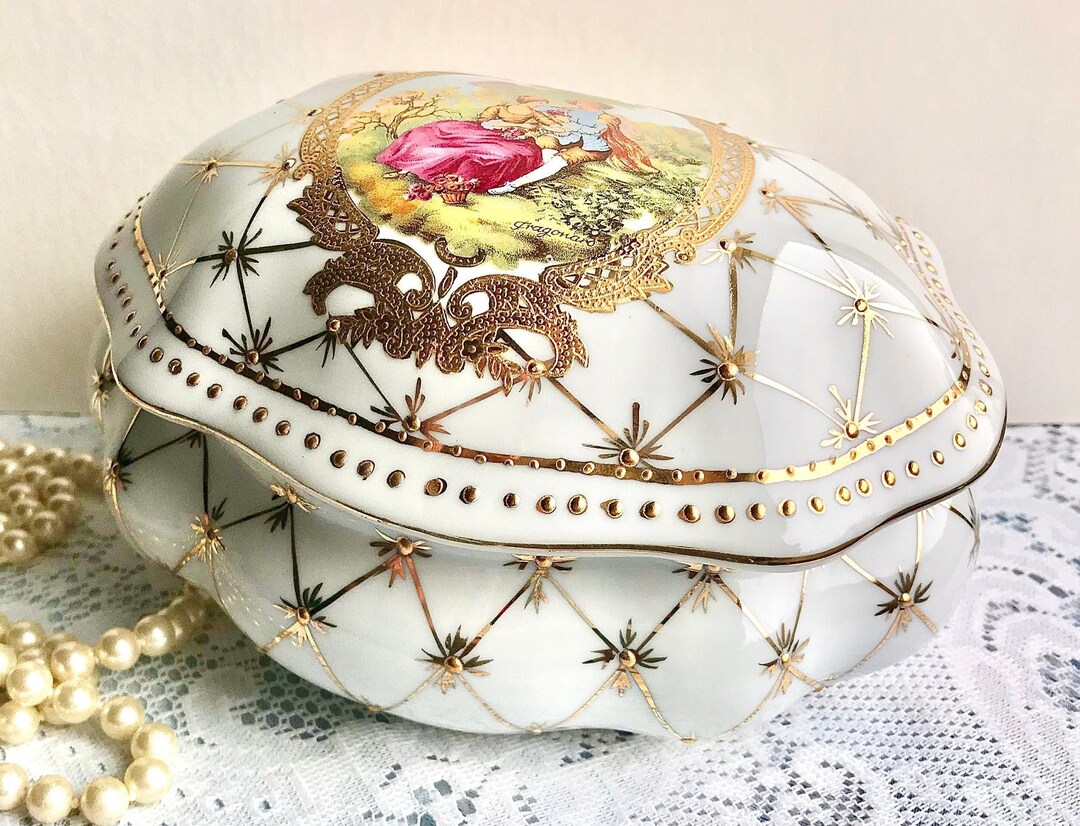 Gold Beaded Jewelry Box, Courting Couple Framed in Gold, Gold Beads ...