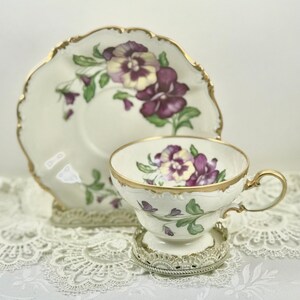 Pansy Tea Cup Set, Purple & Yellow Pansies and Lush Foliage, Embossed ...