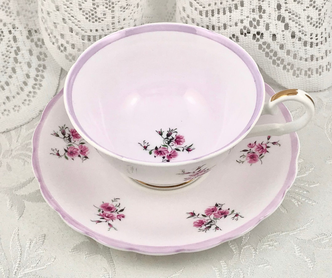 Pink Roses Tea Cup, Lavender Pink & White Teacup With Deep Lavender ...