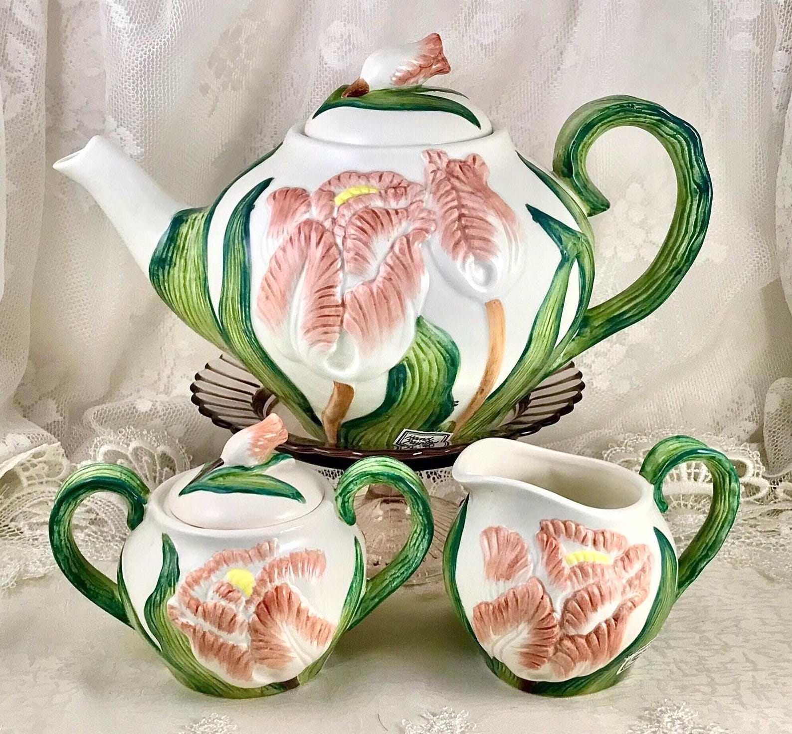 Pink Tulips Teapot Set by Fitz & Floyd, Hand-painted Tulips and Green ...