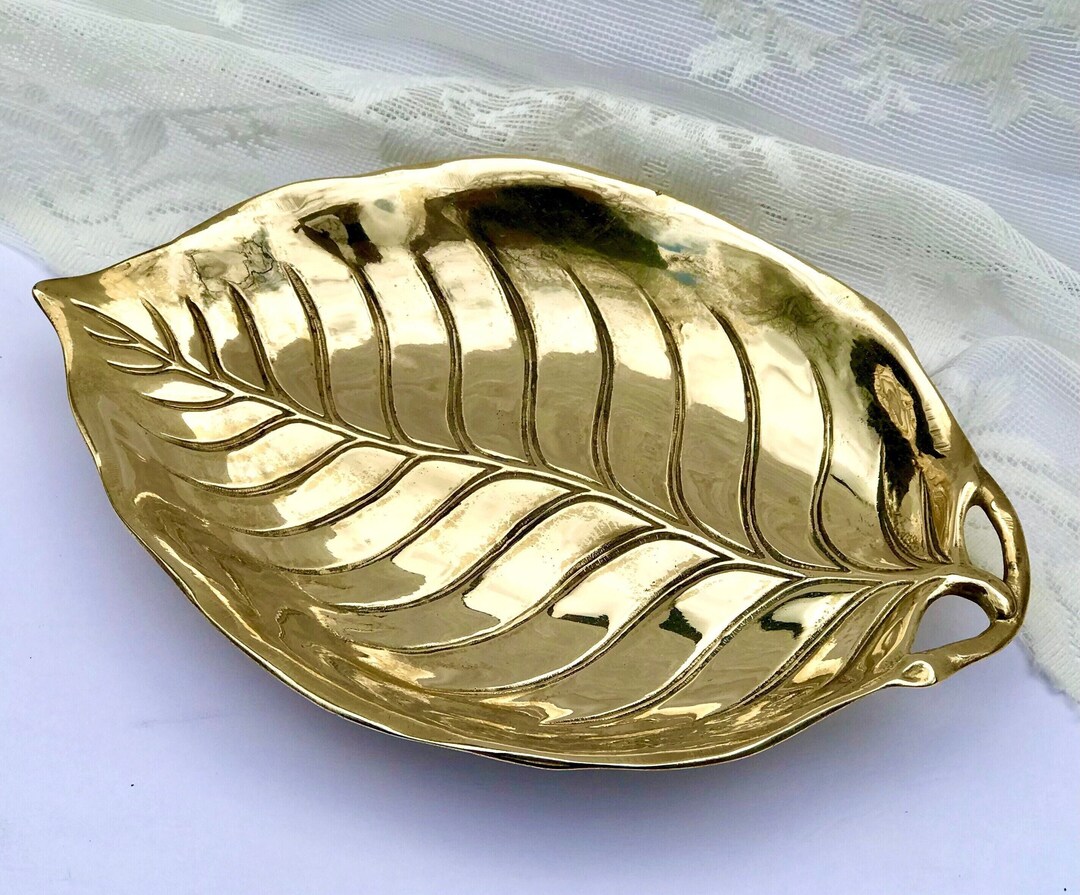 Solid Brass Leaf Plate: Scalloped Rim Valet Tray, Vein Details, Elegant ...