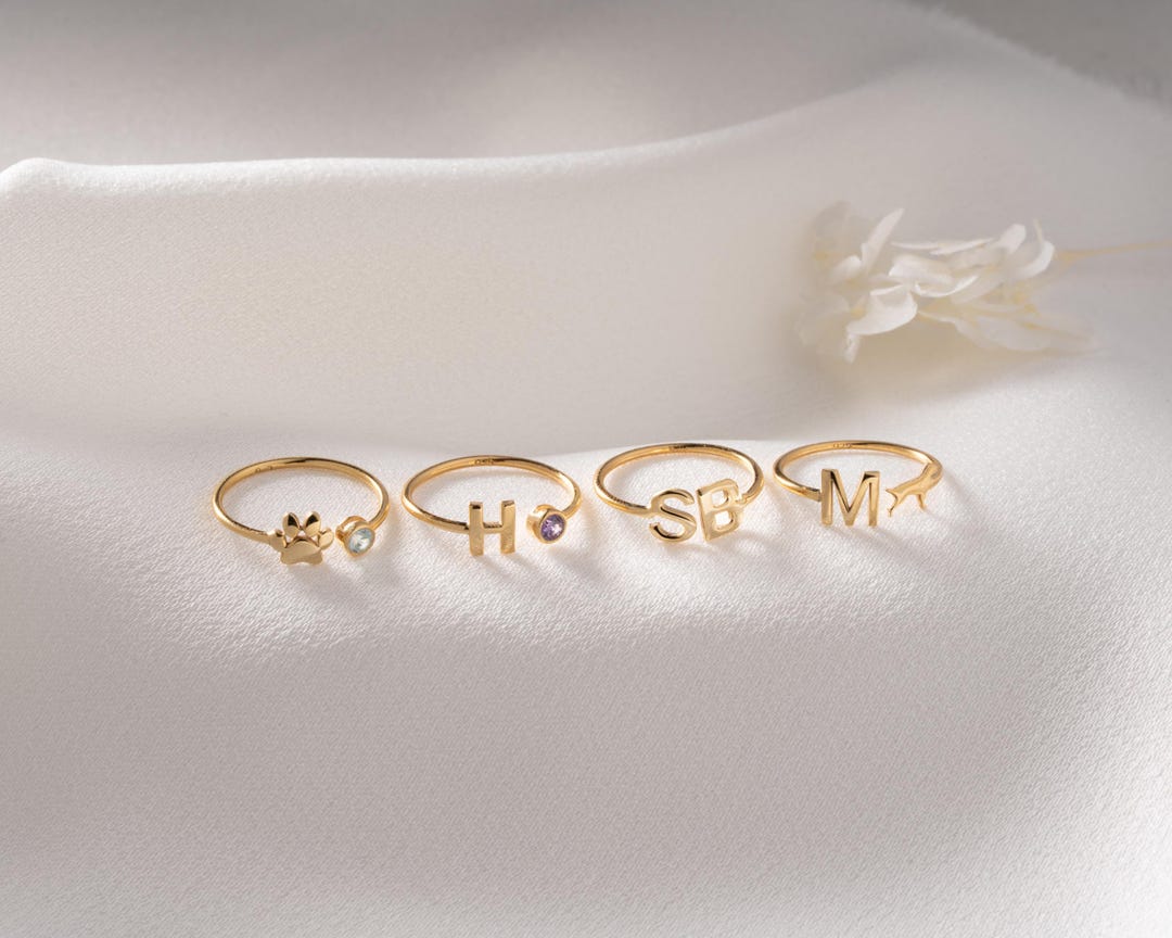 Dainty Double Initial Ring, Personalized Birthstone Initial Ring ...