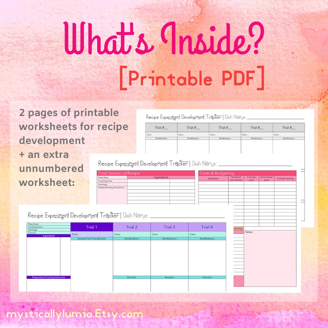 Recipe Experiment Development Tracker (printable PDF Worksheet for Home ...