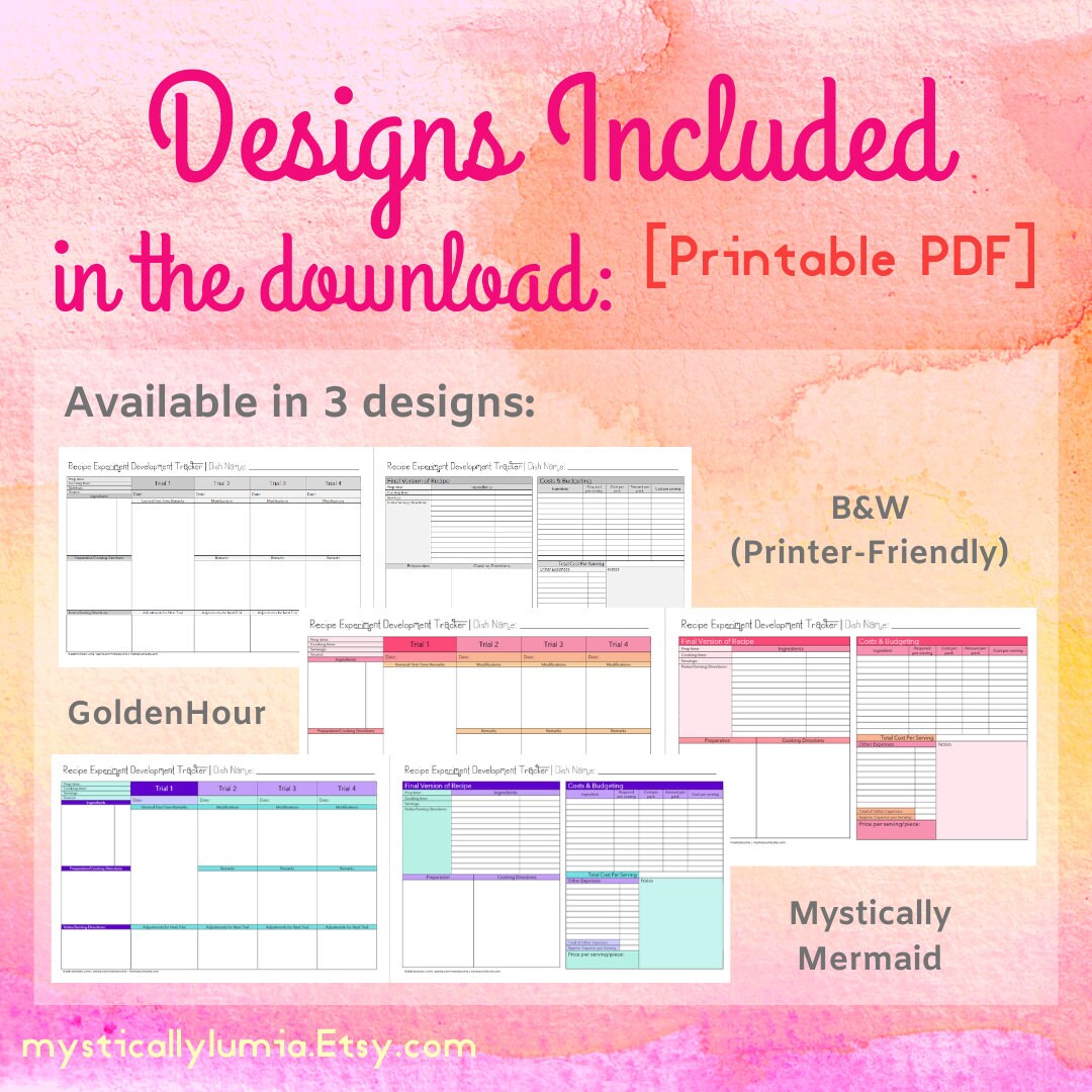 Recipe Experiment Development Tracker (printable PDF Worksheet for Home ...