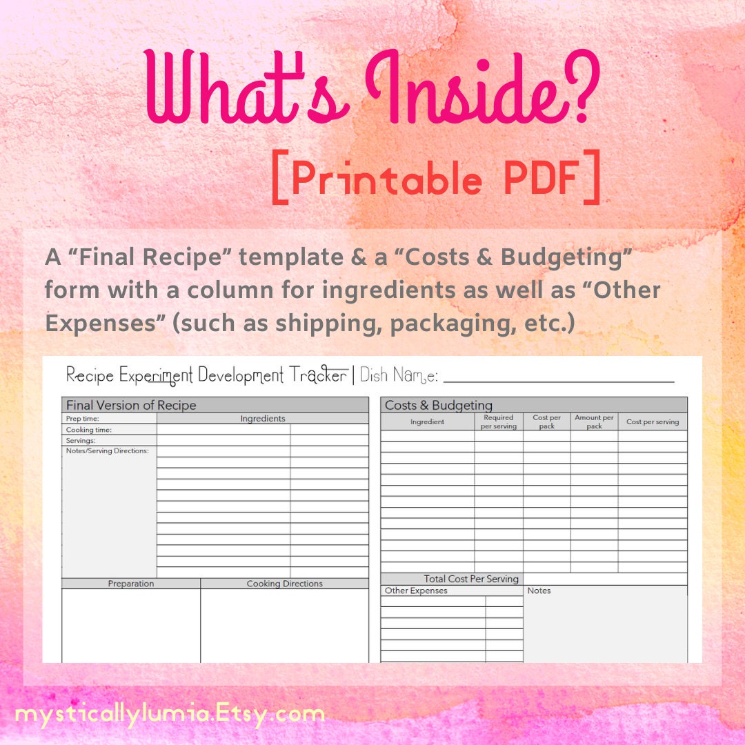 Recipe Experiment Development Tracker printable PDF Worksheet for Home ...