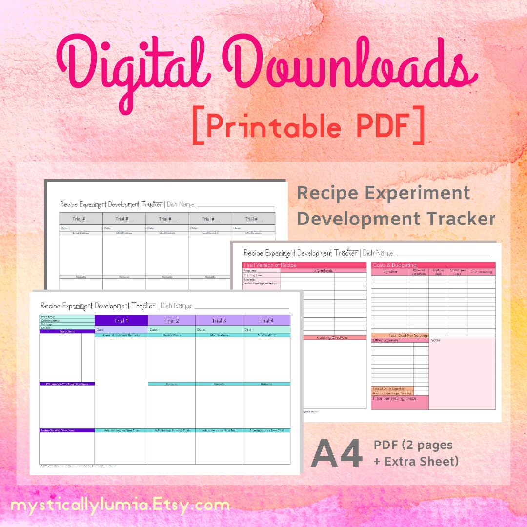 Recipe Experiment Development Tracker (printable PDF Worksheet for Home ...