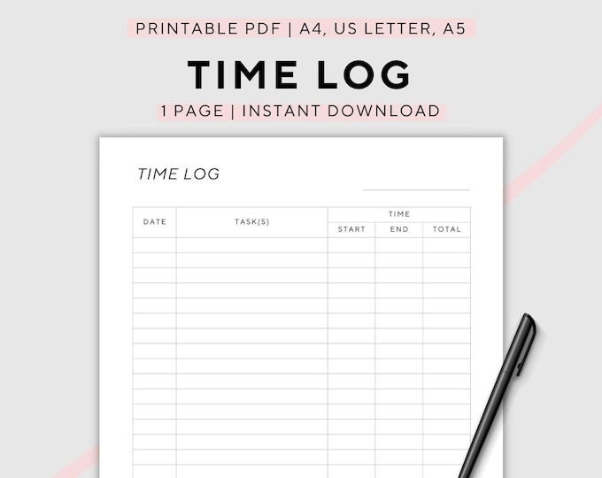 Work Time Log, Printable Work Task Log, Work Log Tracker, Time Spent Tracker, A4,US Letter ...