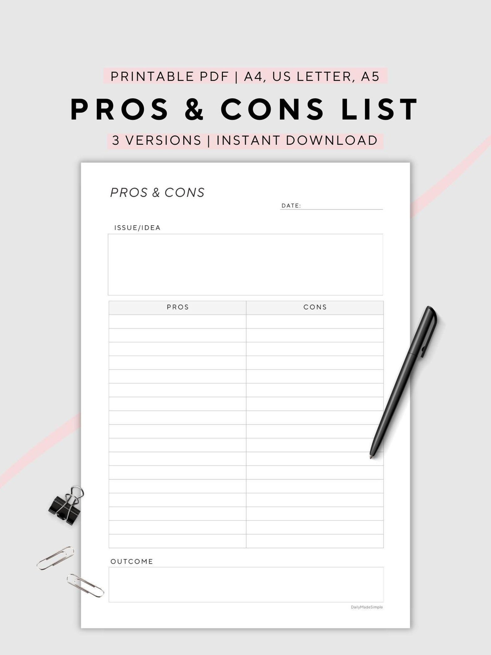 Pros & Cons, Printable, Problem Solving, for or Against, Personal ...
