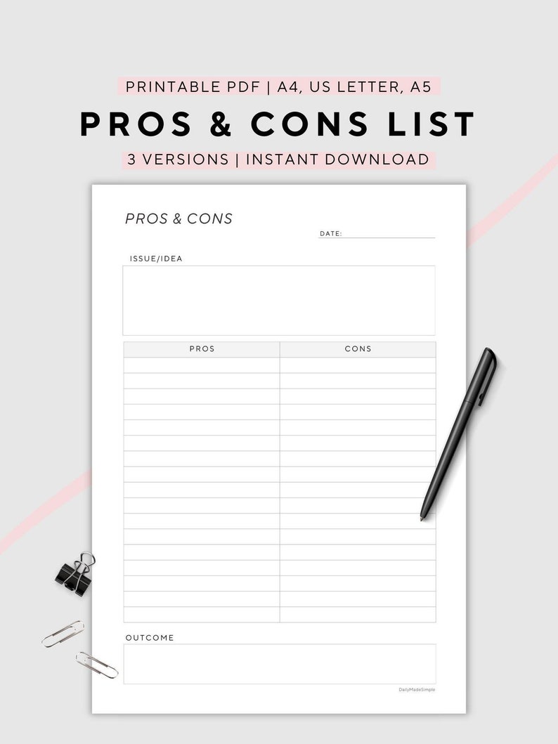 Pros & Cons, Printable, Problem Solving, for or Against, Personal ...