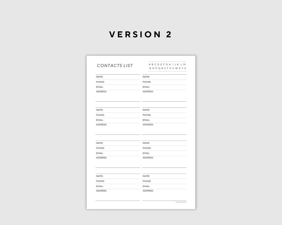 Contacts List, Phone Book Page, Printable, Address Book, Personal ...