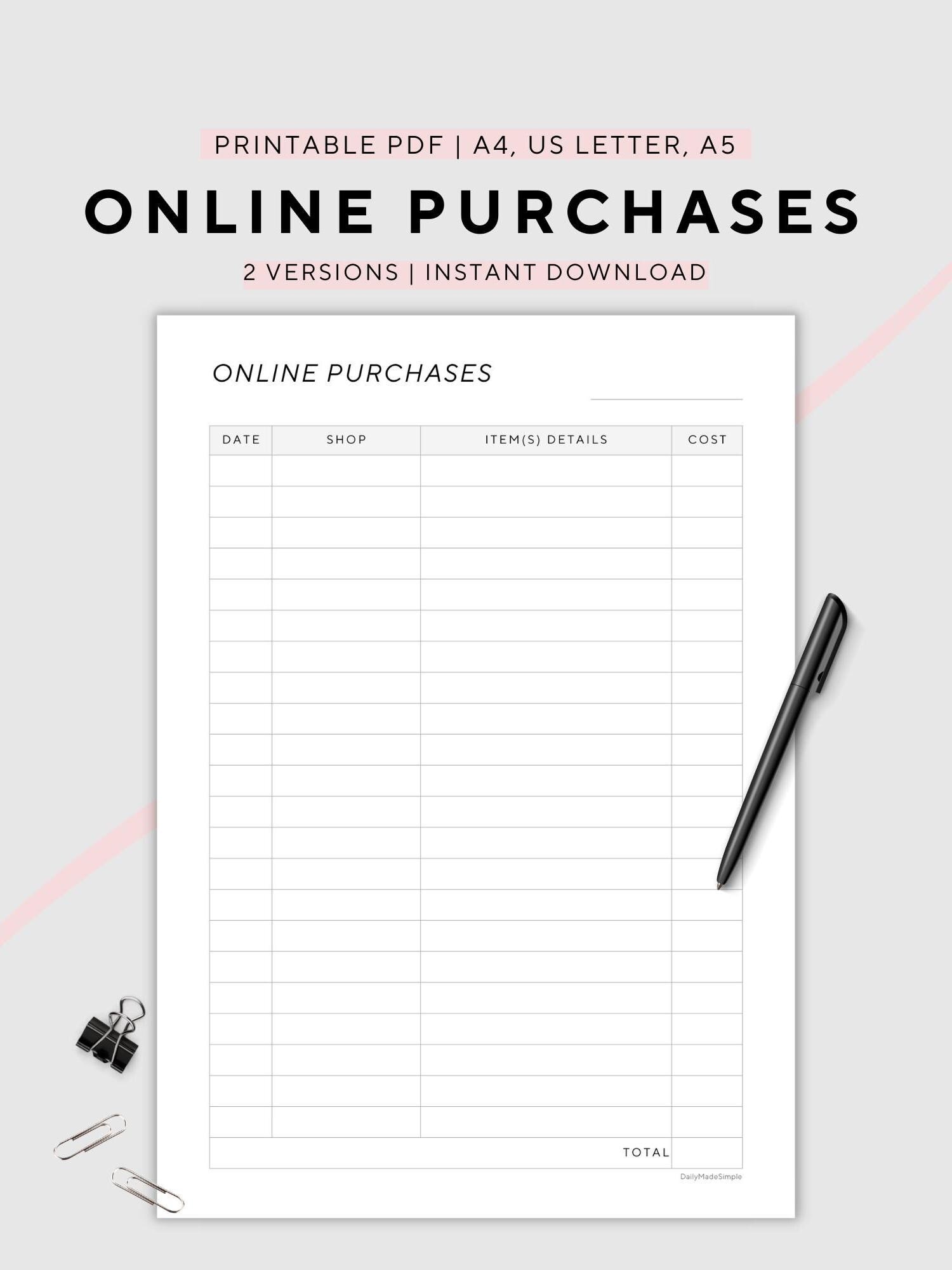 Online Purchases Tracker, Printable, Order Tracker, Spending Sheet, A4 ...