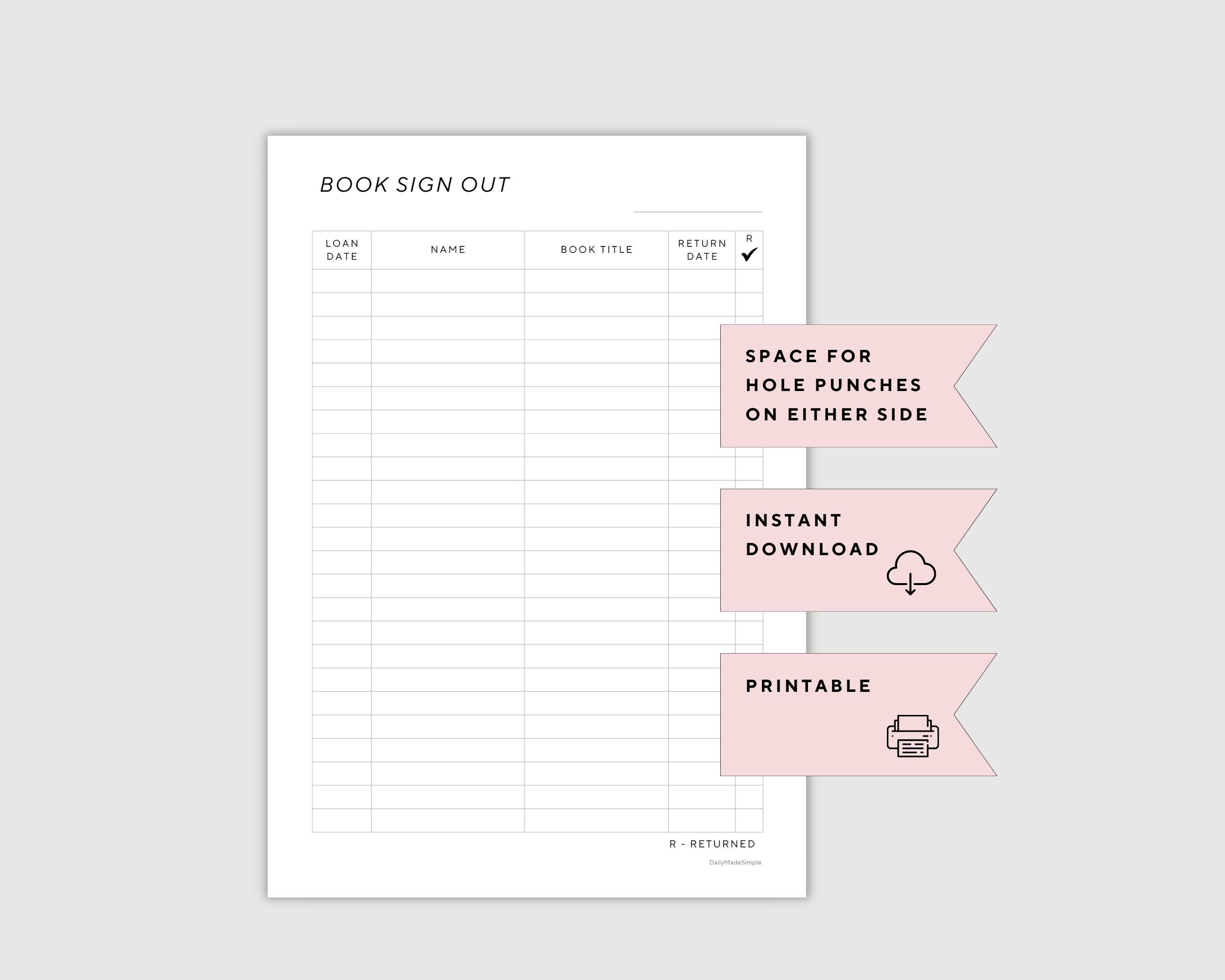 Book Sign Out, Book Sign Out Sheet, Reading Planner, Printable, A4/A5 ...