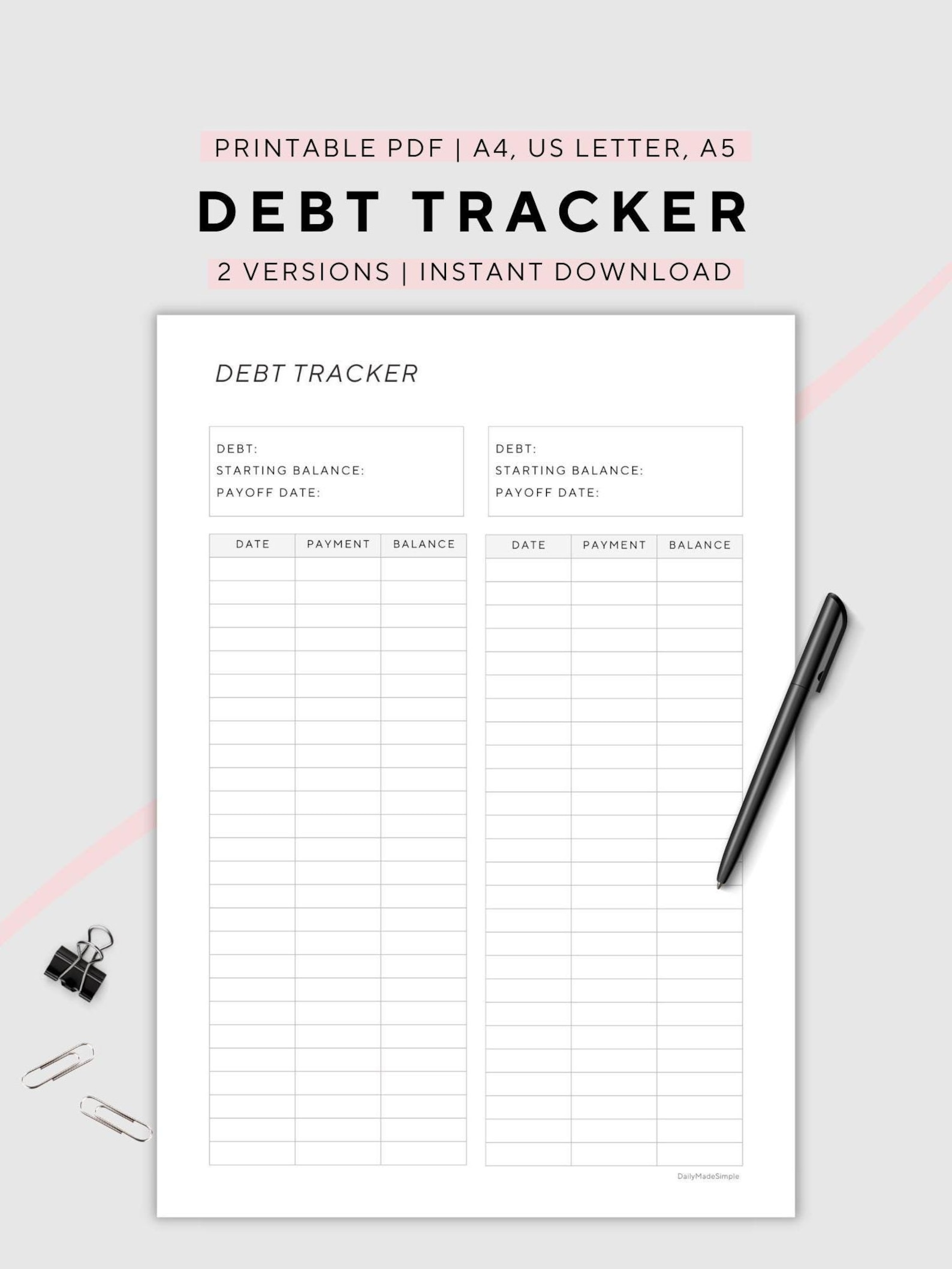 Debts Tracker, Debt Repayment, Money Budget, Finance Planner, Printable, A4/A5/US Letter ...