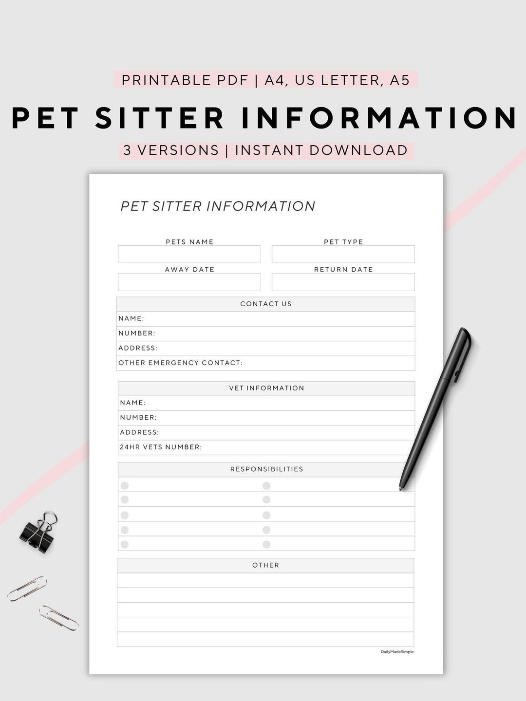 Pet Sitter Information, Pet Sitter Notes, Pet Planner, Pet Sitting ...