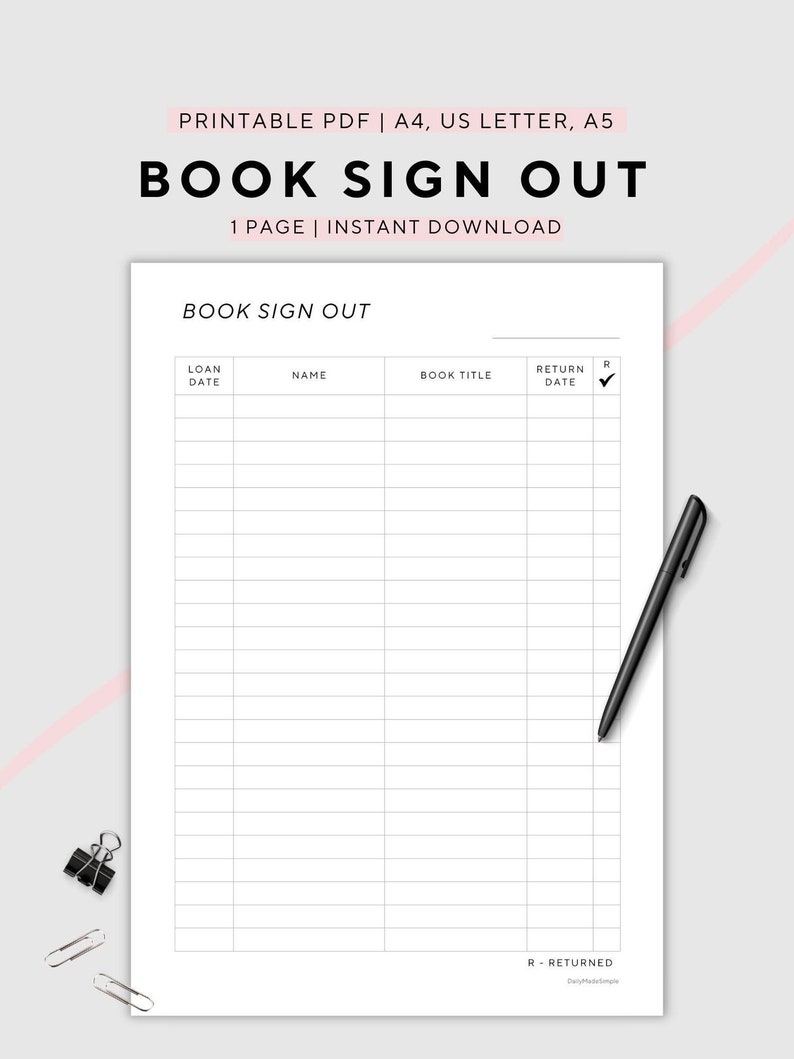 Book Sign Out, Book Sign Out Sheet, Reading Planner, Printable, A4/A5 ...