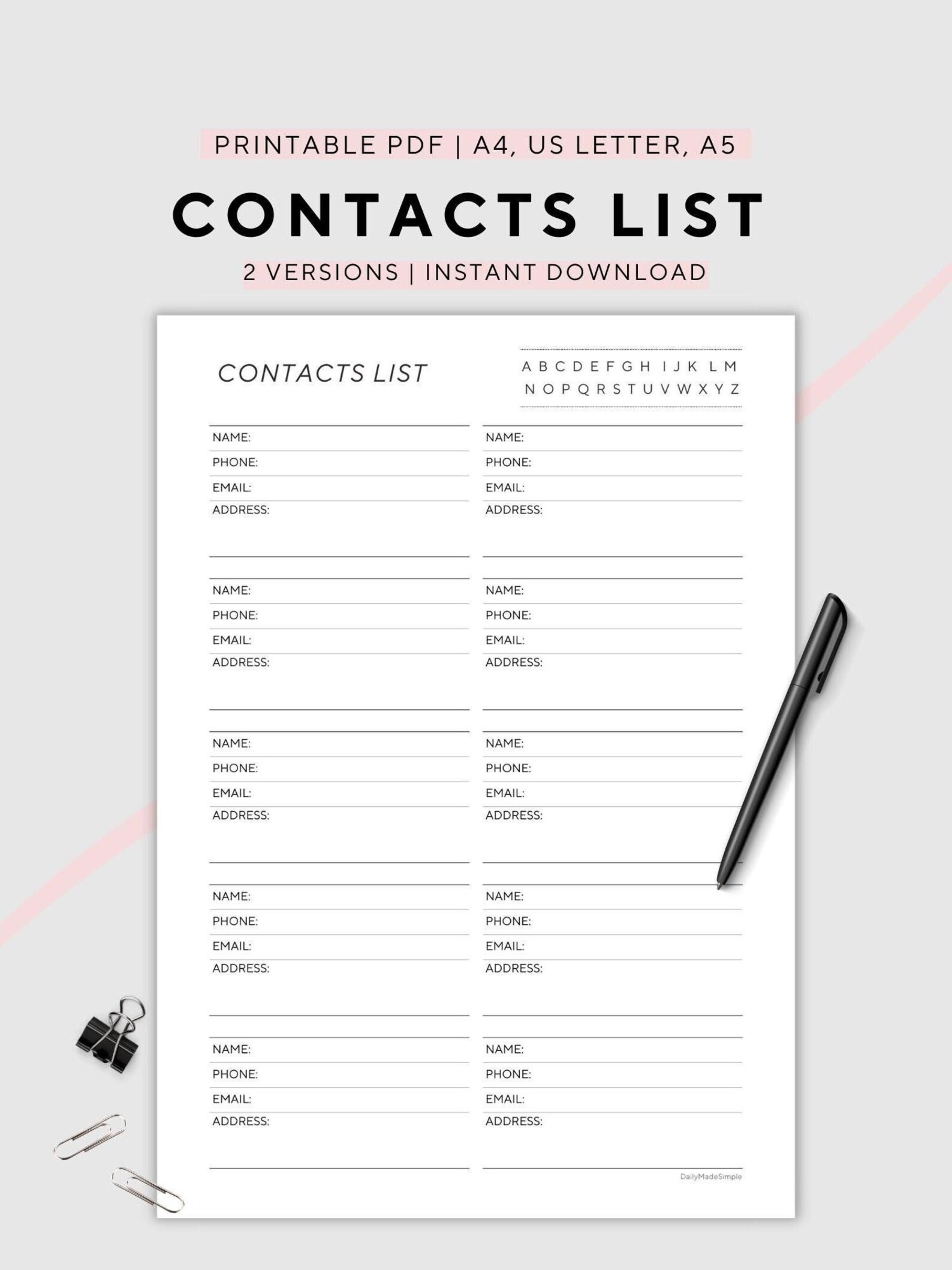 Contacts List, Phone Book Page, Printable, Address Book, Personal ...