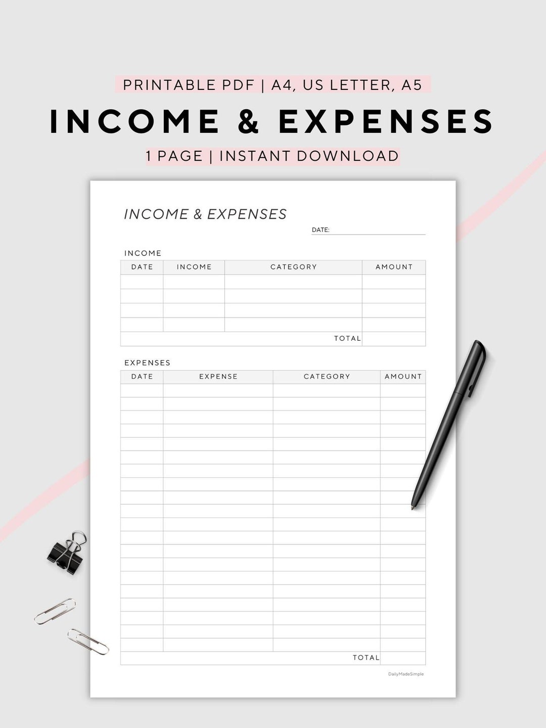 Income & Expenses Tracker, Money Budgets, Finance Planner, Printable ...