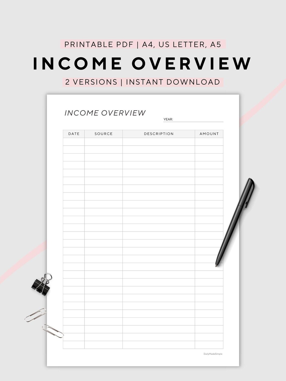 Income Overview, Income Tracker, Finance Planner, Printable, A4/A5/US ...