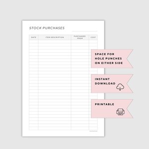 Stock Purchases, Reselling Inventory Tracker, Printable, Stock ...