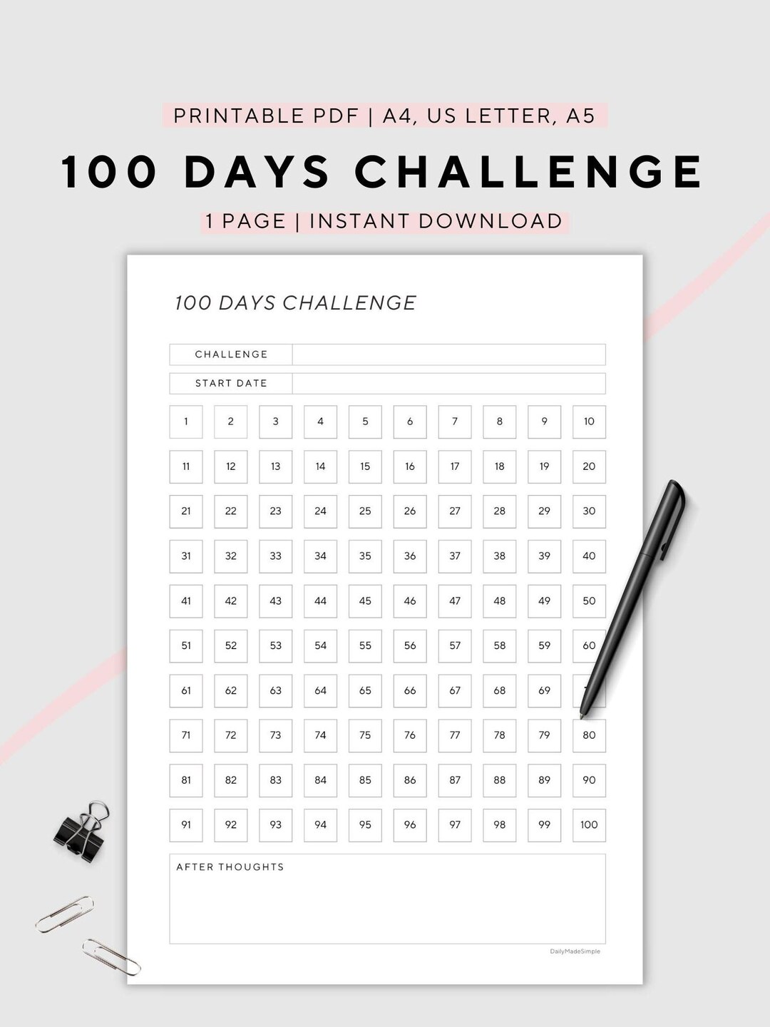 100 Days Challenge, Challenge Tracker, Personal Planner, Printable, A4 ...