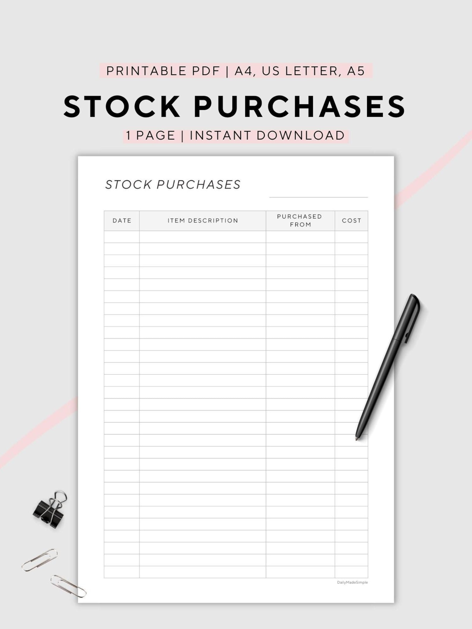 Stock Purchases, Reselling Inventory Tracker, Printable, Stock ...