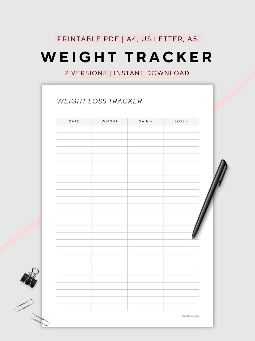 Weight Loss Tracker, Printable, Health & Fitness, A4/A5/US Letter ...