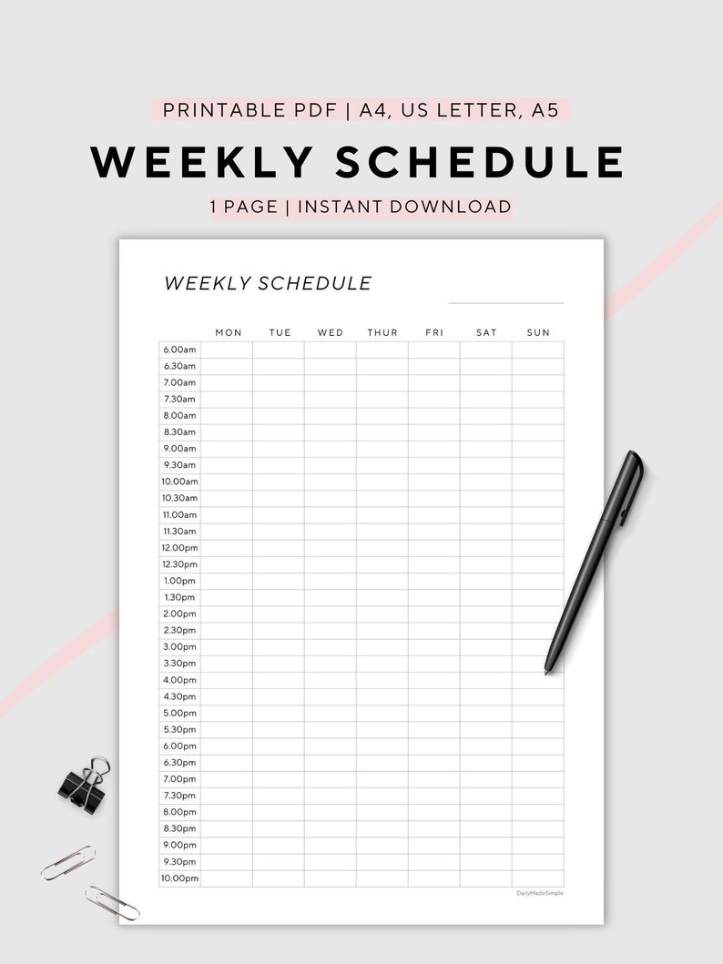 Weekly Schedule, Half Hour Blocks, Printable, Week at A Glance, A4/A5 ...