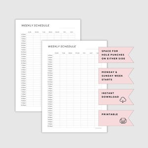 Weekly Schedule, Half Hour Blocks, Printable, Week at A Glance, A4/A5 ...