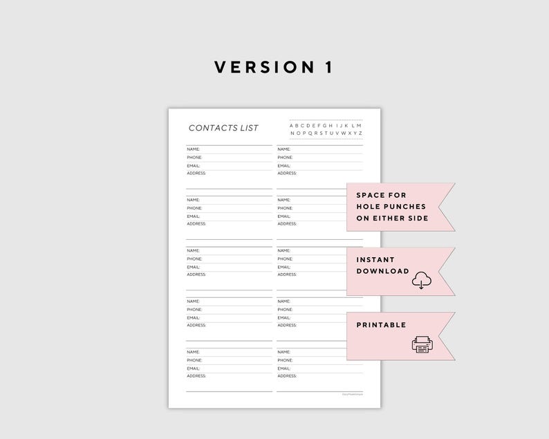 Contacts List, Phone Book Page, Printable, Address Book, Personal ...