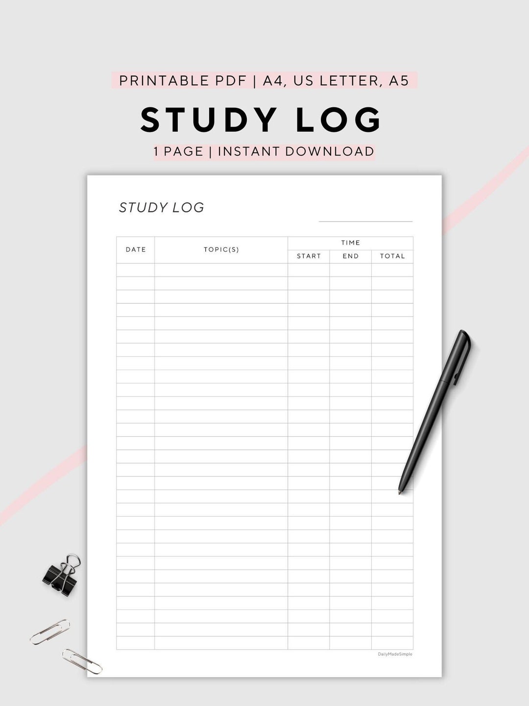 Study Log, Study Planner, Assignment Study Tracker, Printable, A4/A5/US ...