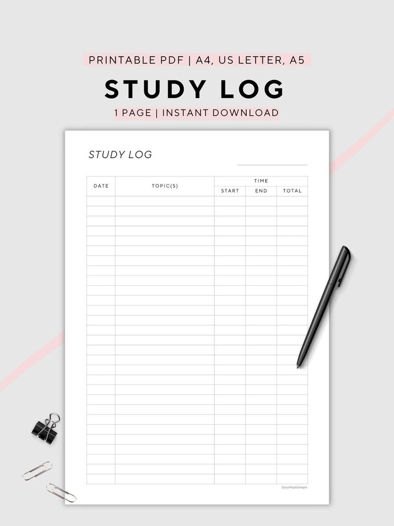 Study Log, Study Planner, Assignment Study Tracker, Printable, A4/A5/US Letter, Instant Download ...