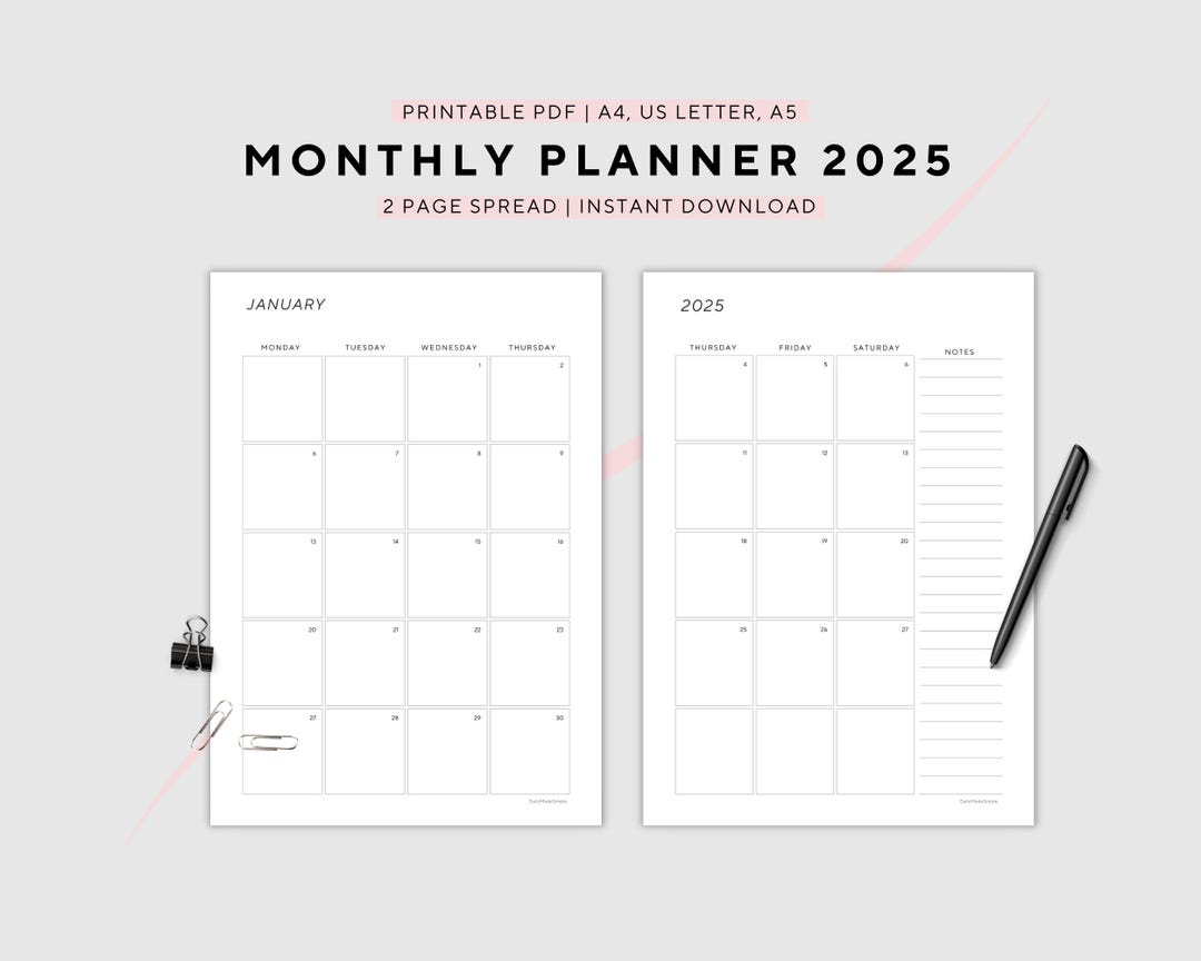 Dated Monthly Planner, 2025 Calendar, Month on 2 Pages, Month at a ...