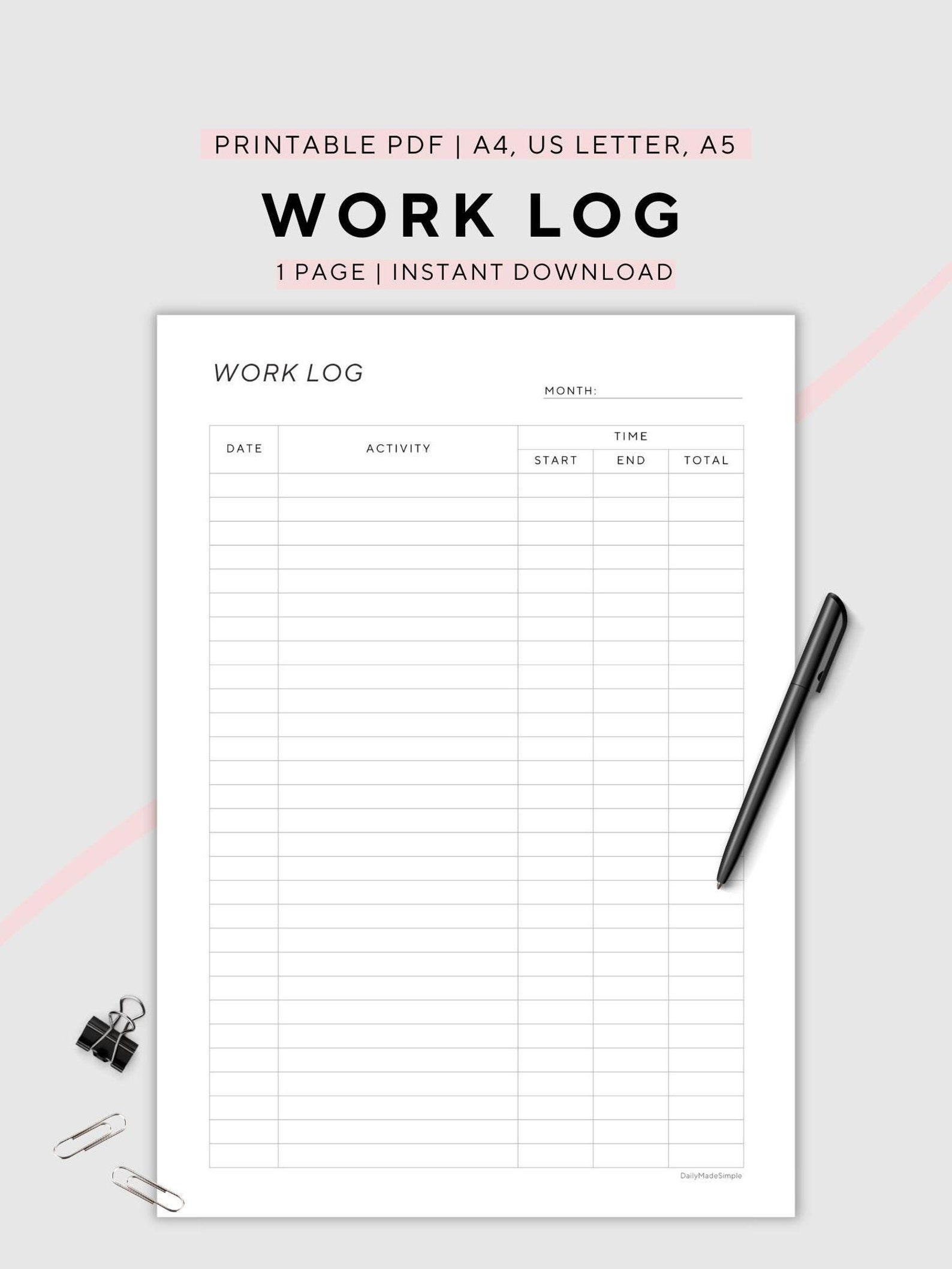 Work Log, Time Management, Time Log, Hours Tracker, Printable, A4/A5/US ...
