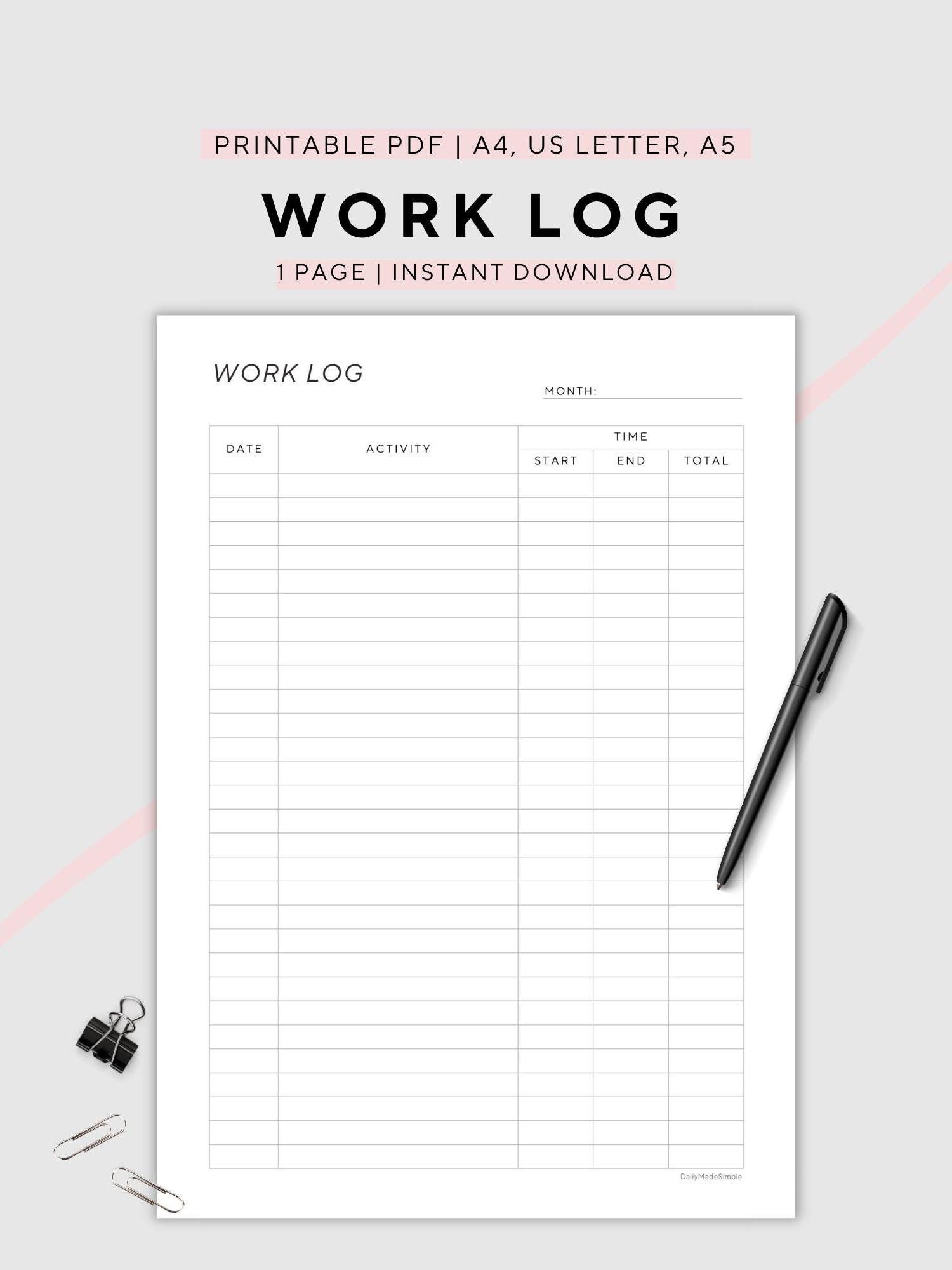 Work Log, Time Management, Time Log, Hours Tracker, Printable, A4/A5/US ...